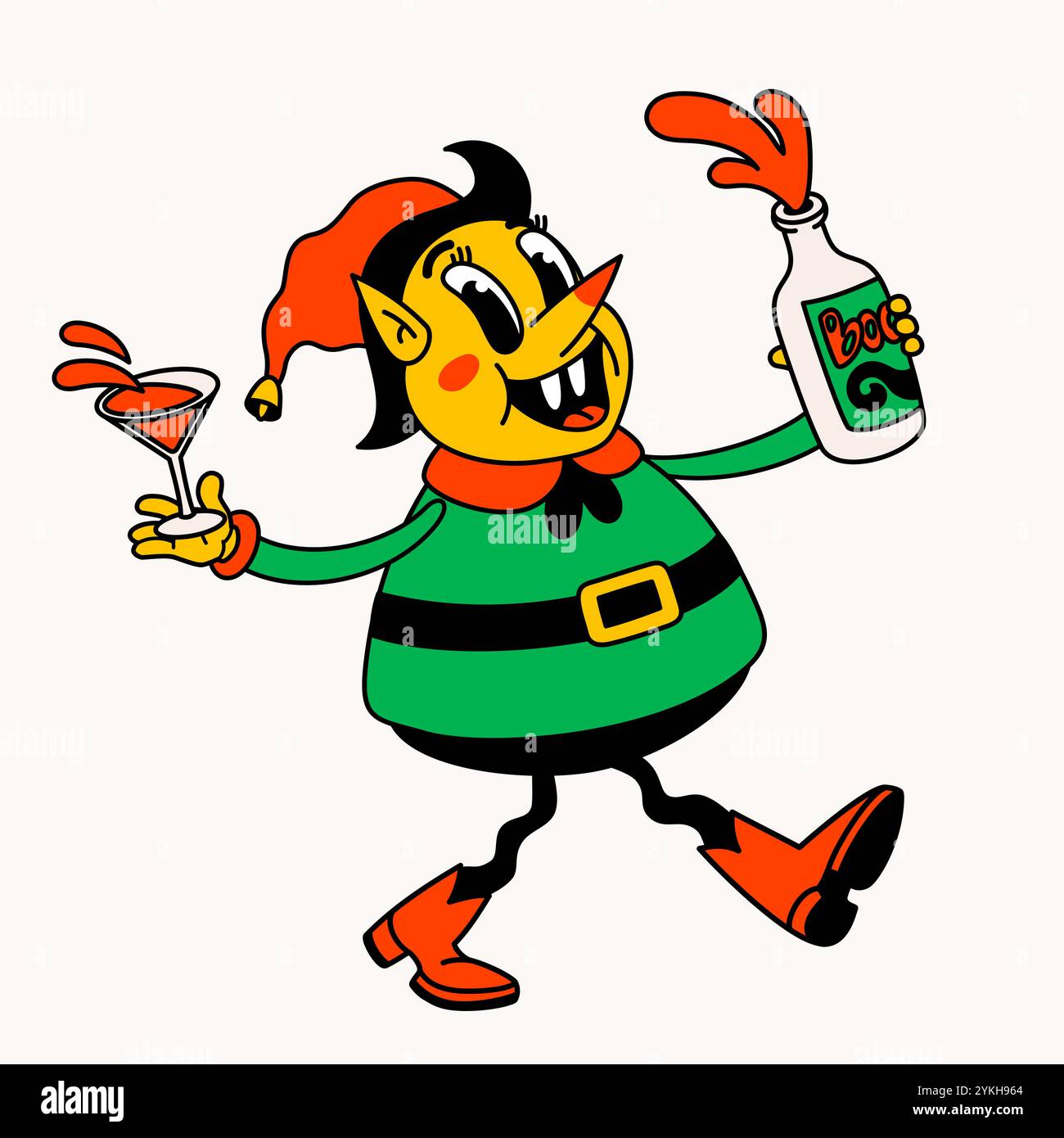 Drunk Santas Elf. Groovy vintage funny Elf character with cocktail and ...