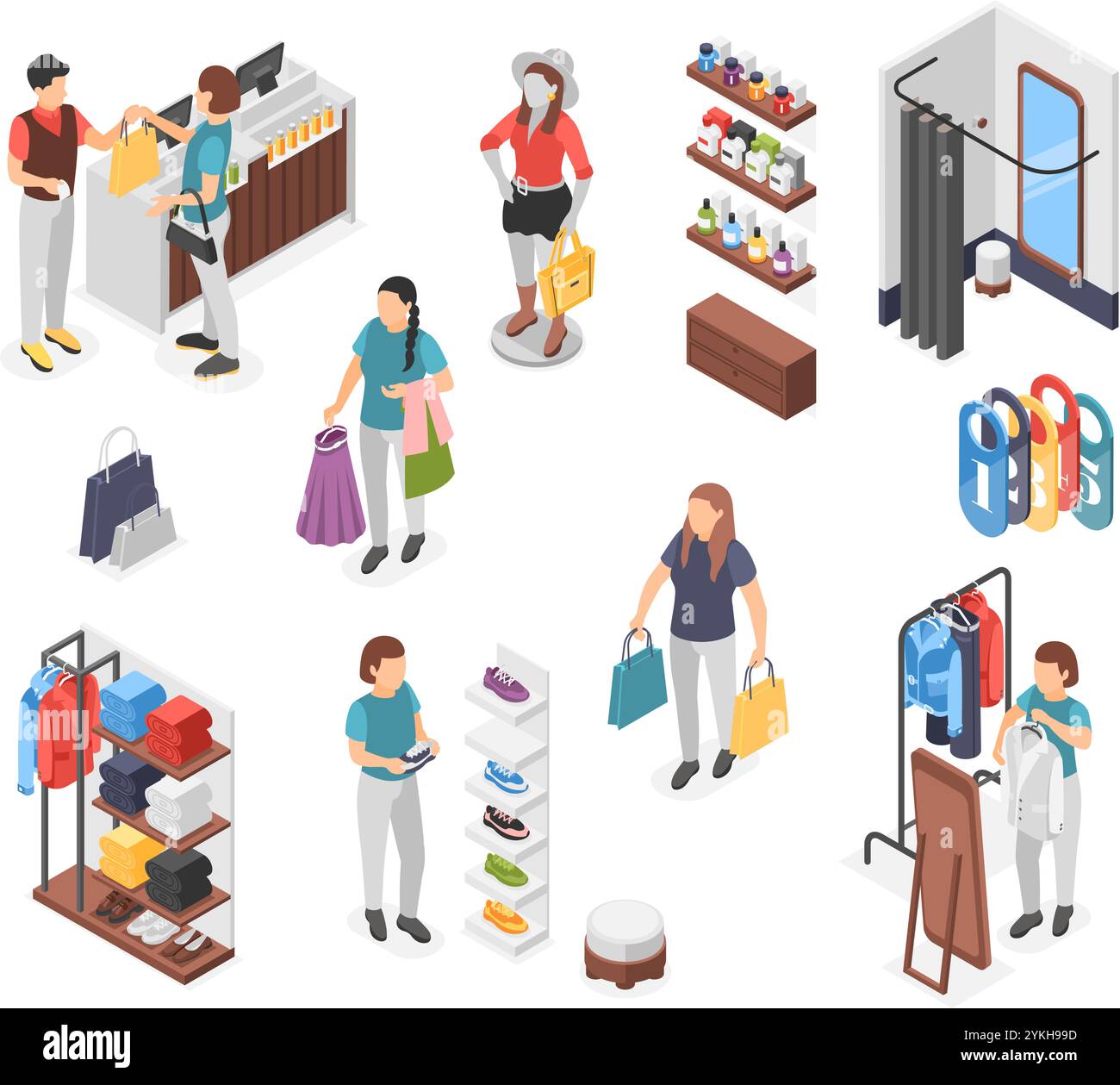 Isometric clothing store elements. Fitting cabin, mannequin, stands ...