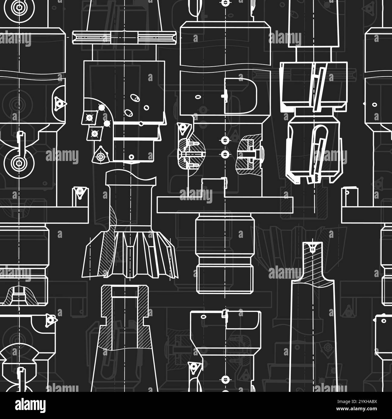 Mechanical engineering drawings on black background. Tap tools, borer ...