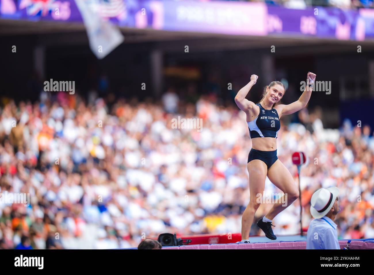 Imogen Ayris participating in the pole vault at the Paris 2024 Olympic ...