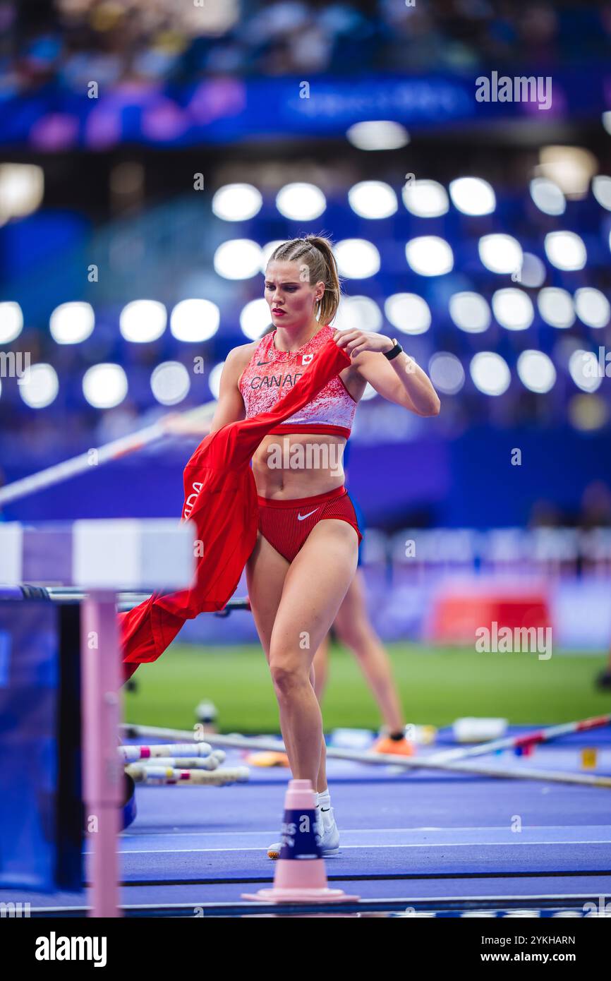 Alysha Newman participating in the pole vault at the Paris 2024 Olympic ...