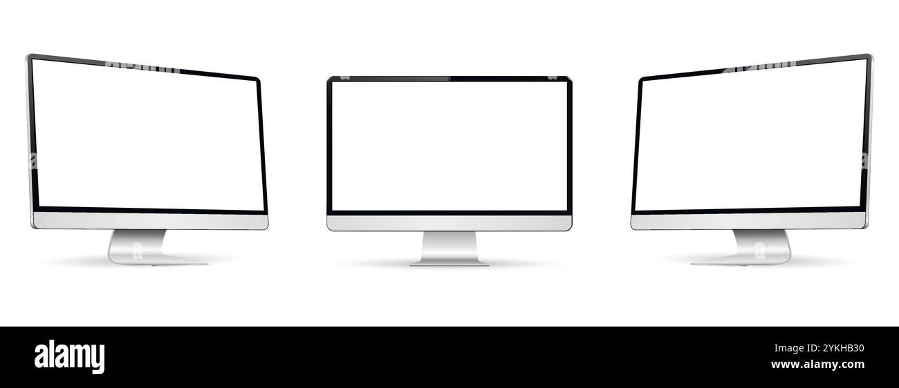 Realistic computer screen mockup. Computer display on three sides with blank screen. Vector ...