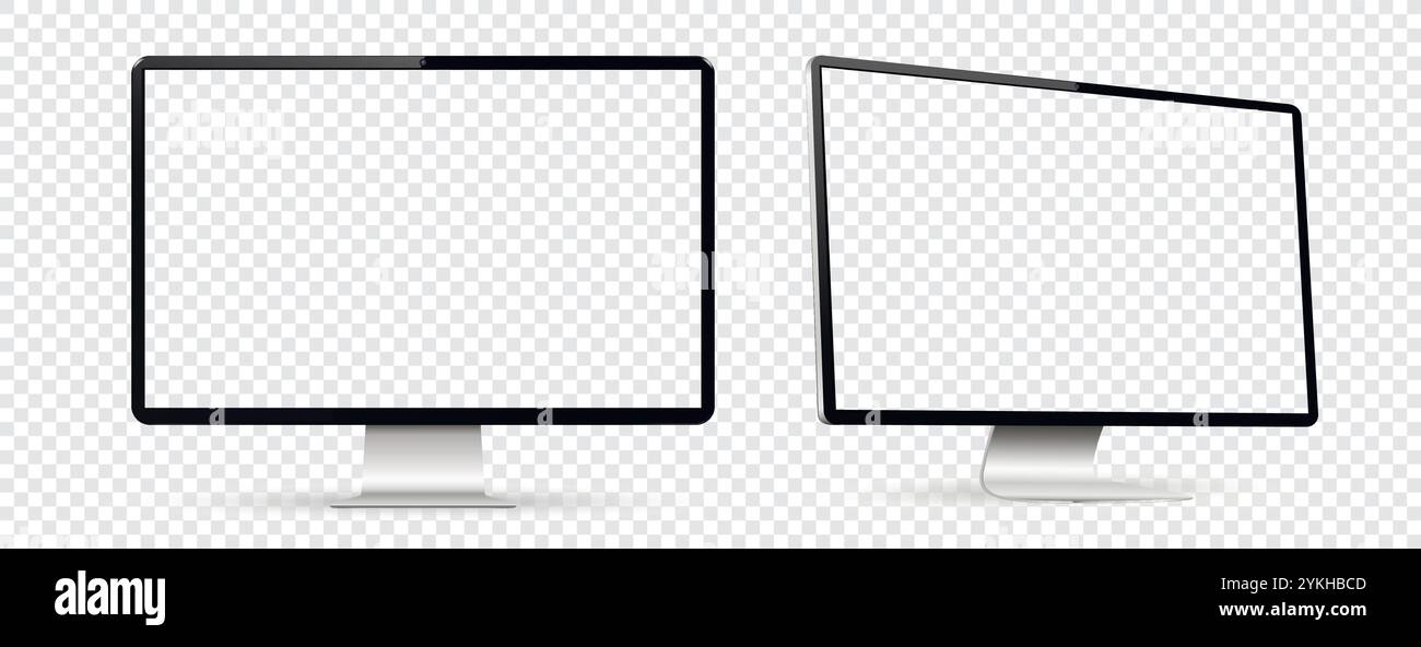 Two monitor with empty display, realistic devices transparent screen mockup. Vector illustration ...