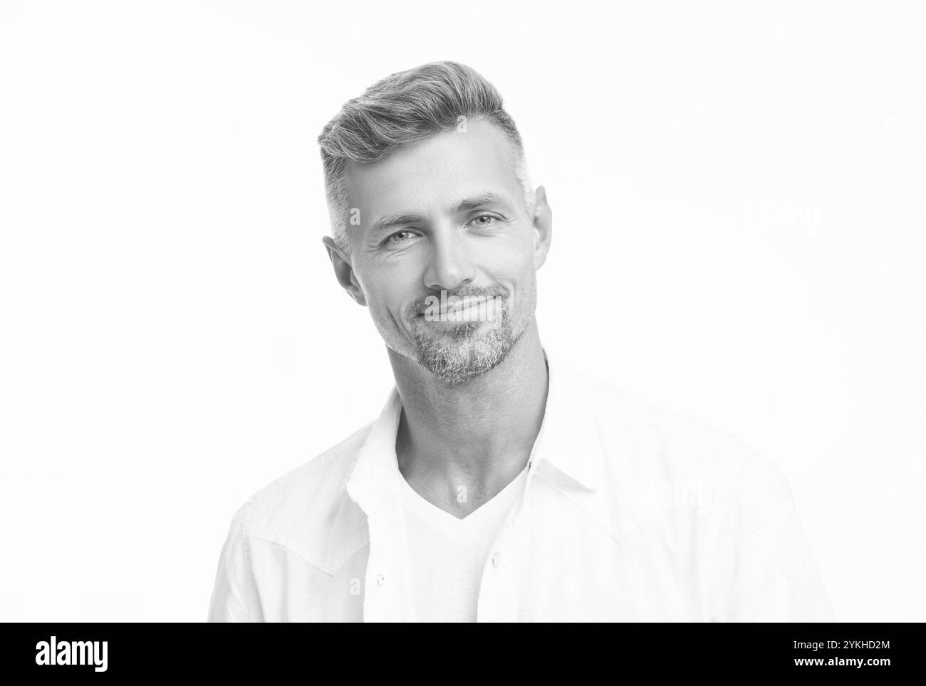face of unshaven man smile in white shirt. portrait of unshaven man ...