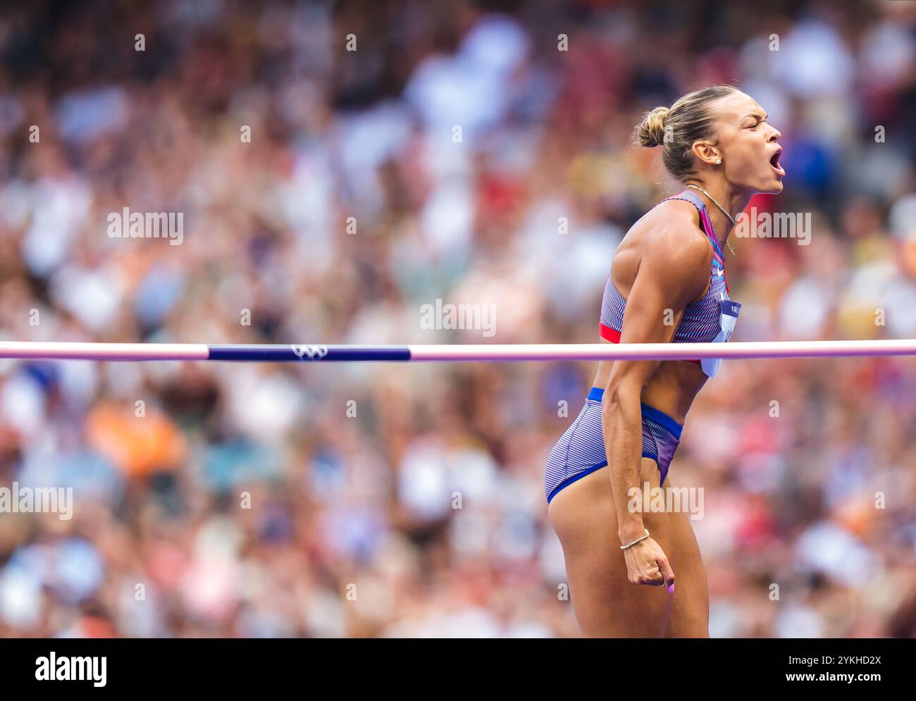 Anna Hall participating in the high jump at the Paris 2024 Olympic ...