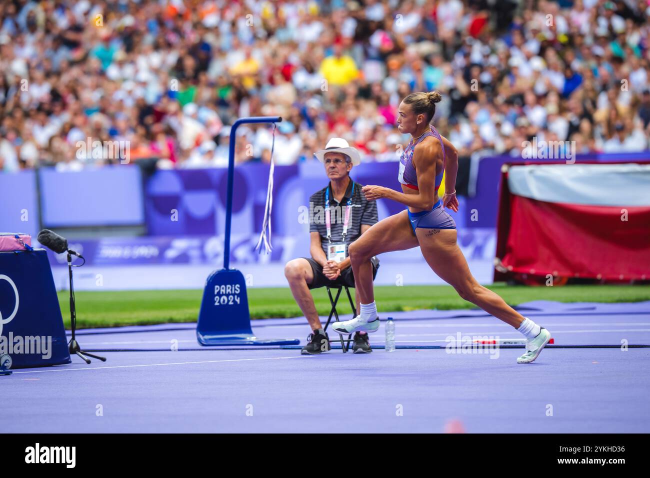 Anna Hall participating in the high jump at the Paris 2024 Olympic ...