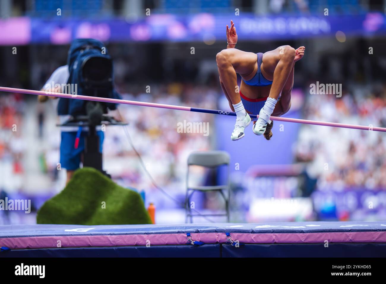 Anna Hall participating in the high jump at the Paris 2024 Olympic ...