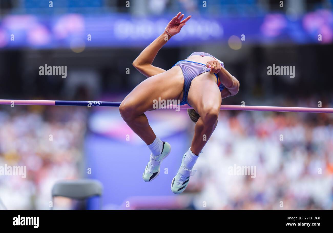 Anna Hall participating in the high jump at the Paris 2024 Olympic ...