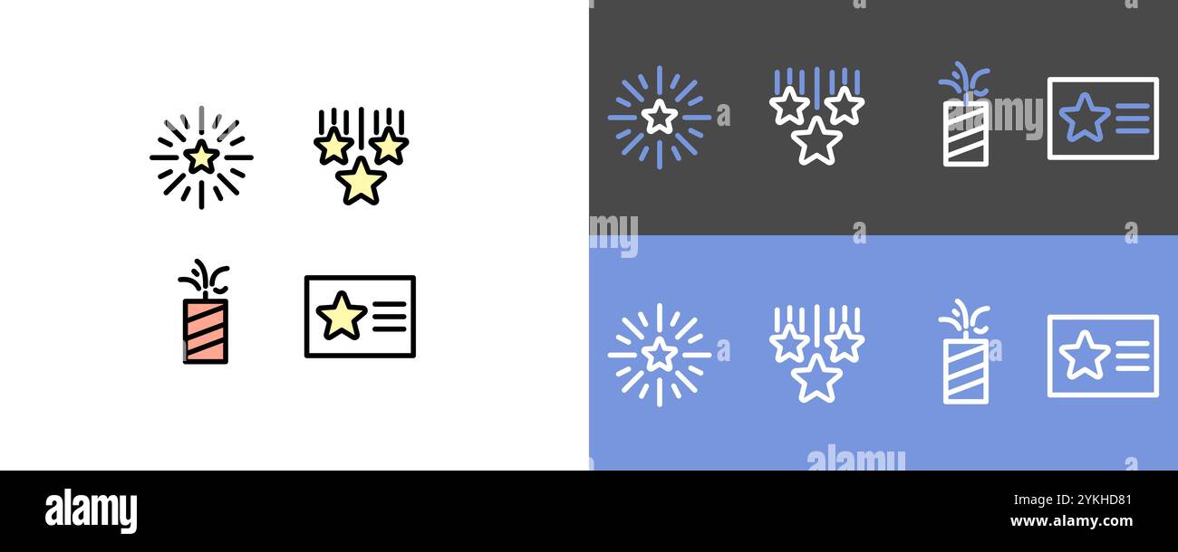 New year symbol set - firelight, firework, firecracker and certificate ...