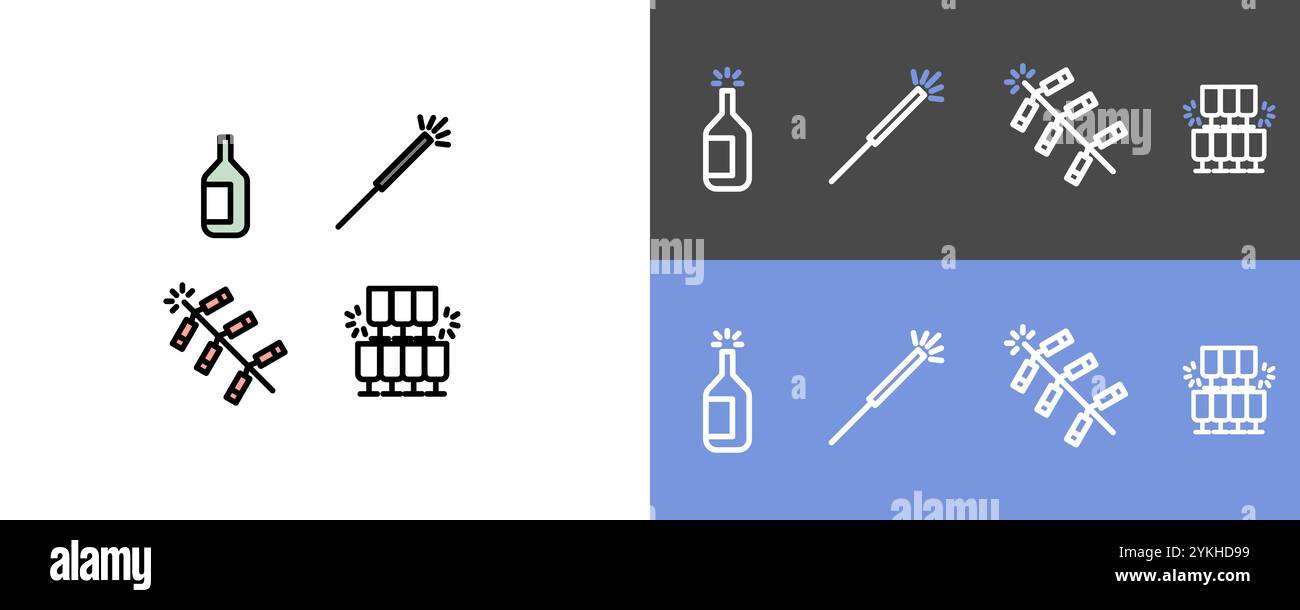 New year symbol set - firelight, firework, firecracker and champagne ...