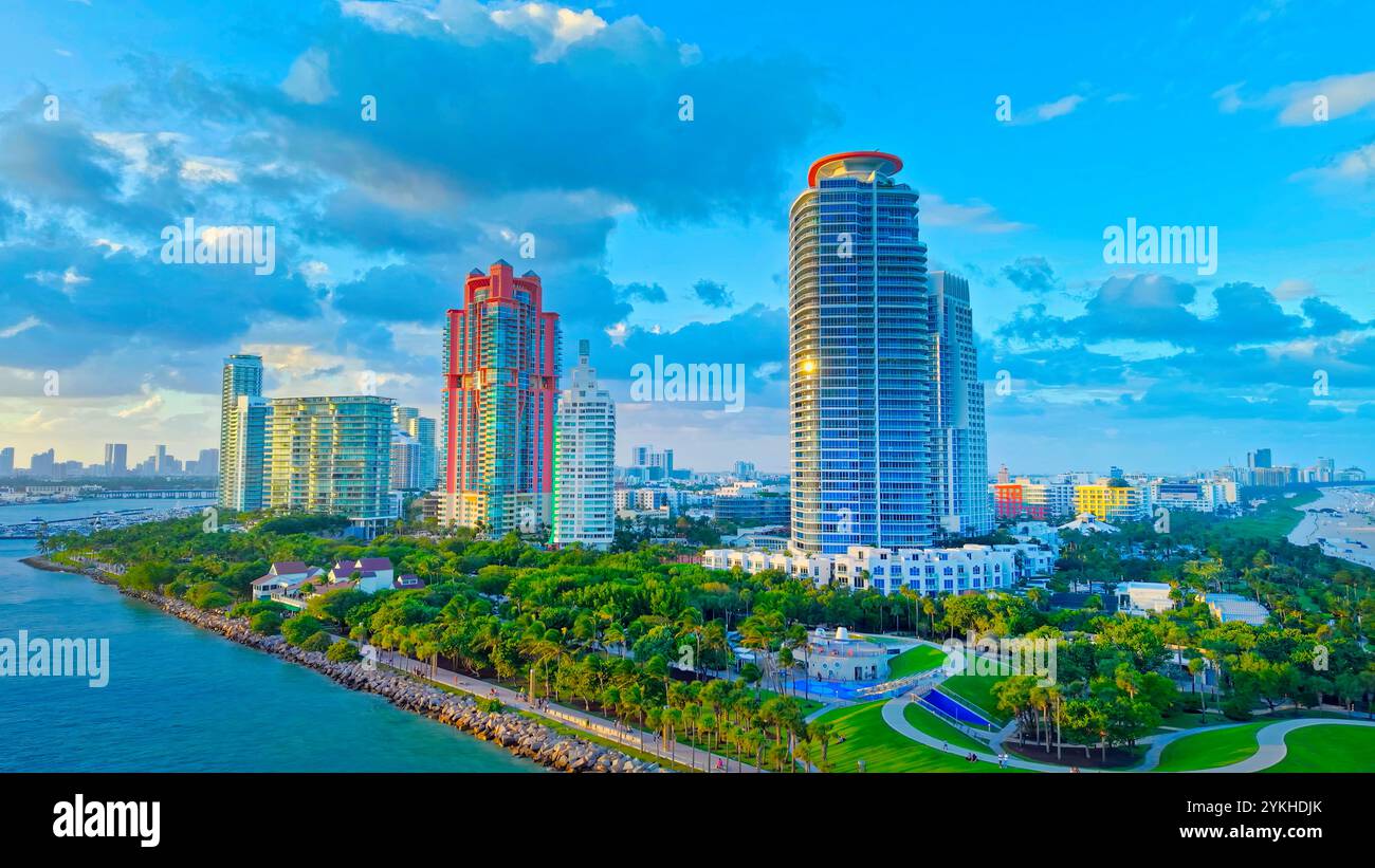 South Pointe Park and South Beach at Miami Beach with its iconic buildings aerial view Stock ...
