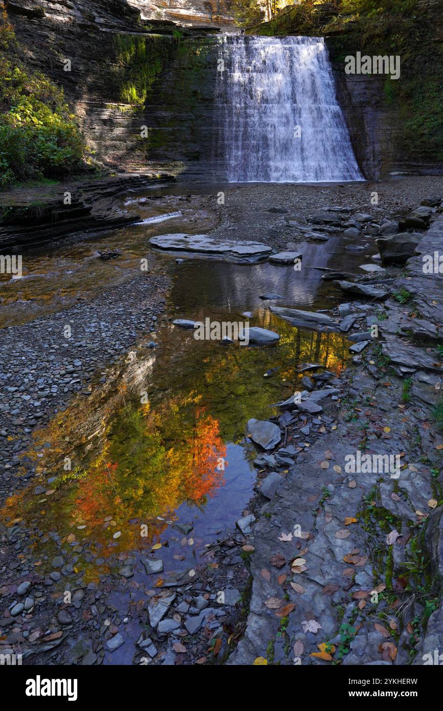Autumn color reflecting in water below the waterfall in Stony Brook ...