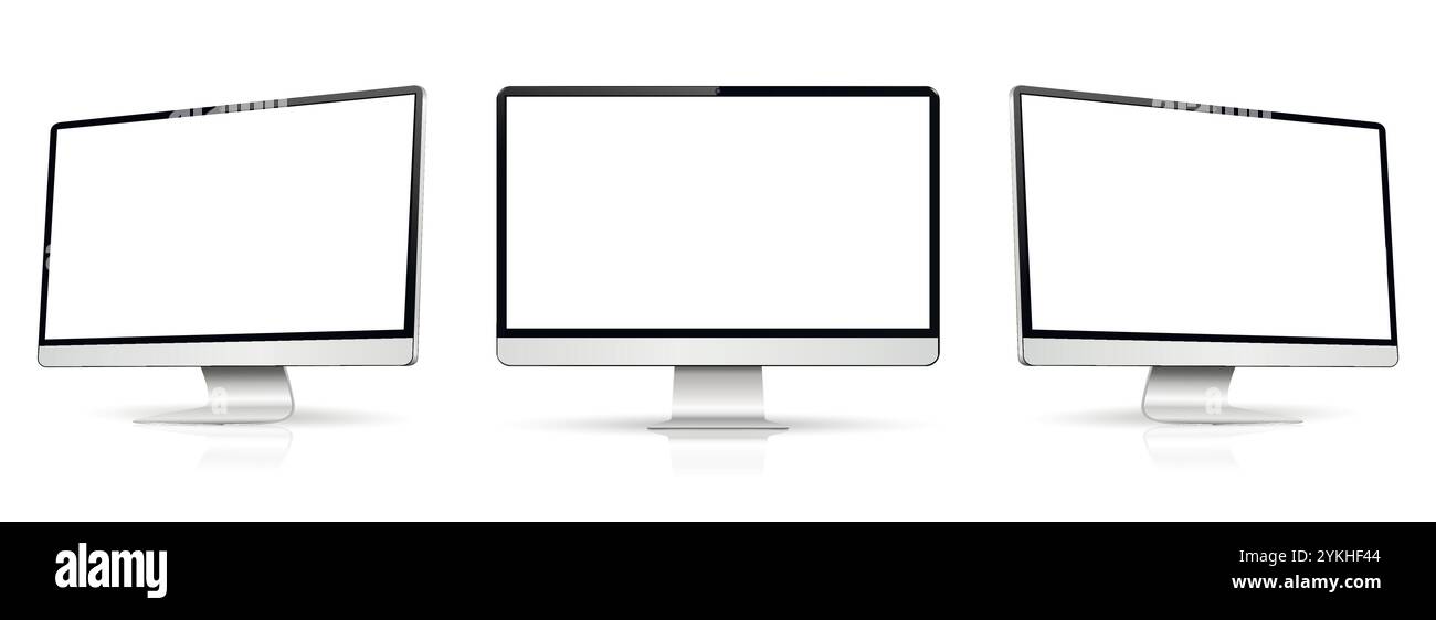 Three monitor with empty display, realistic set device screen mockup ...