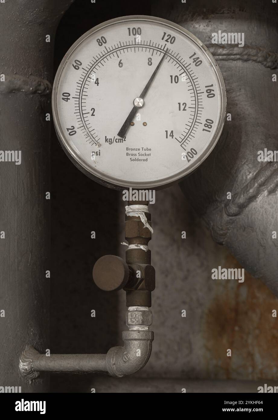 Detailed view of Water pressure gauge meter on plumbing pipe. Close up ...