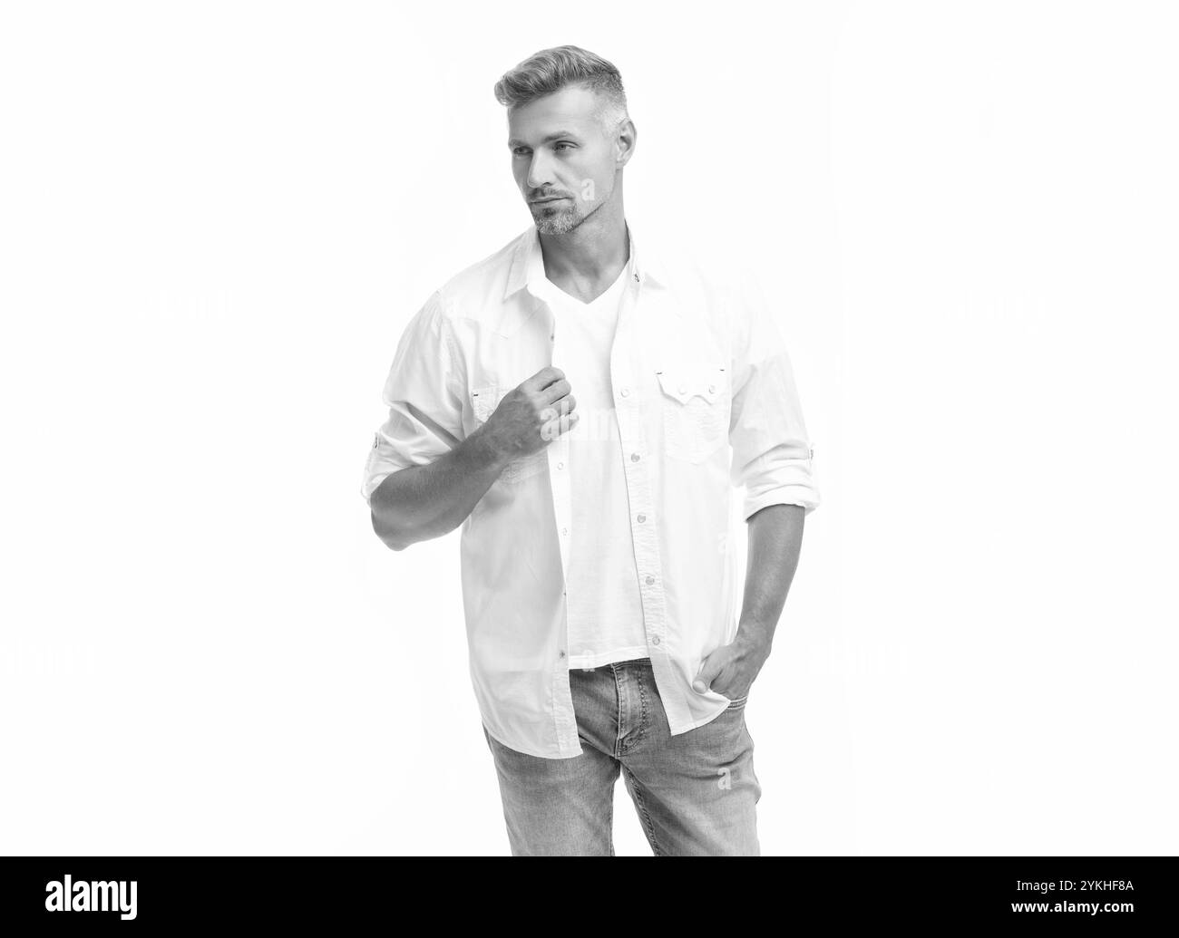 studio shot of charismatic unshaven man. mature unshaven man isolated ...