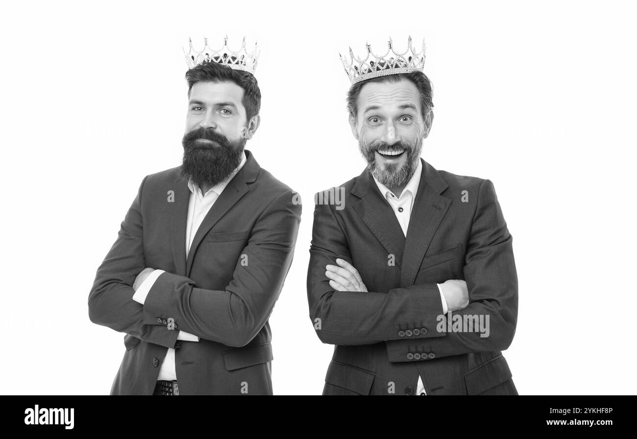 Elite community. Royal benefits club. Men wear crowns. Businessmen ...