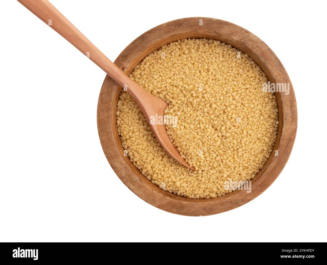 dry couscous in wooden bowl with spoon isolated on white background ...