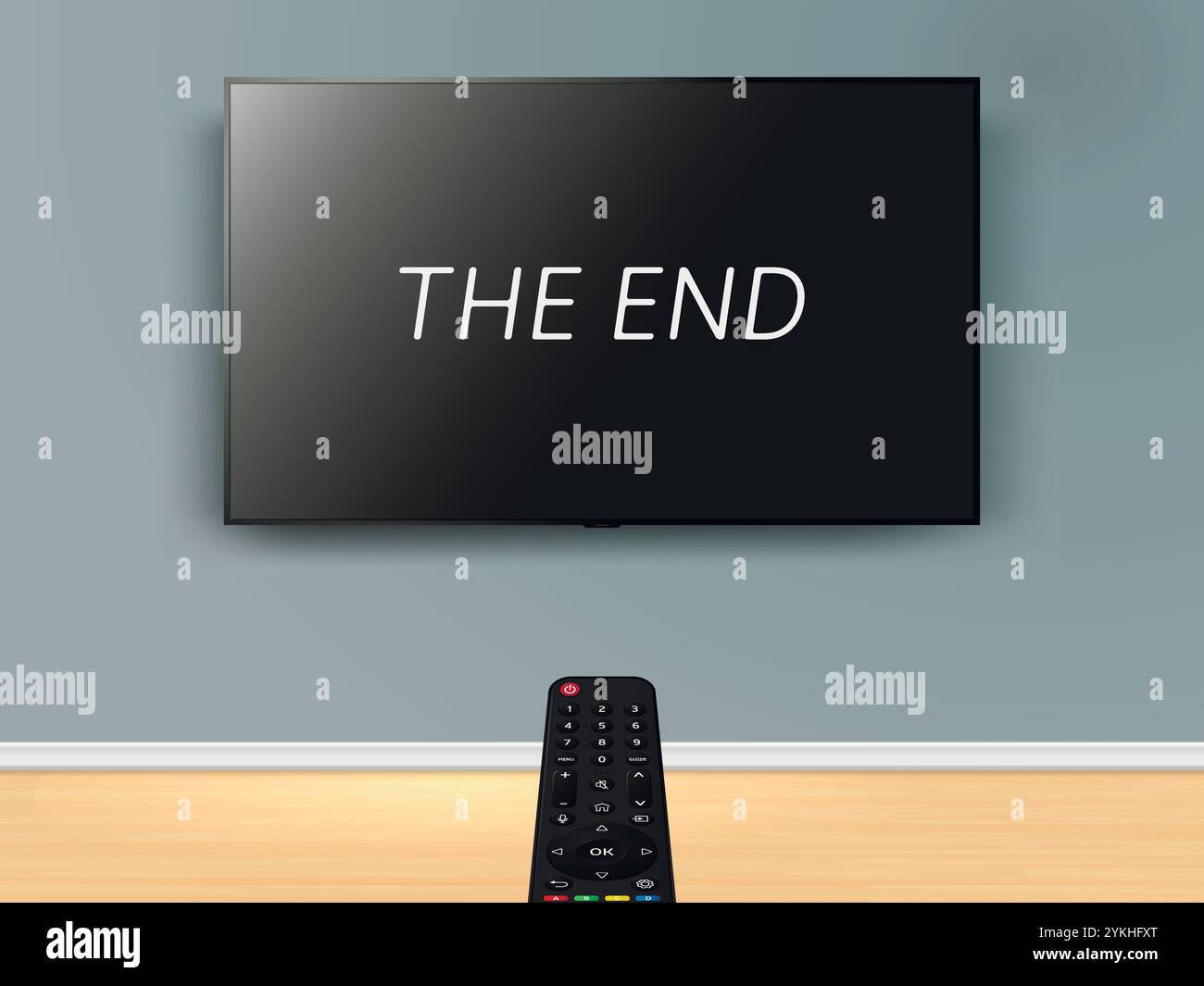 Watching online TV with movie ending screen. Remote control is pointed ...