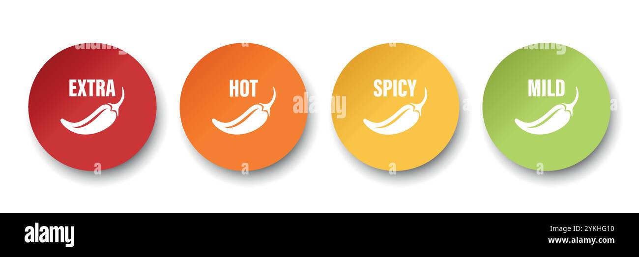Realistic Vector Colorful Round Stickers with Spicy Chili Pepper Icon ...