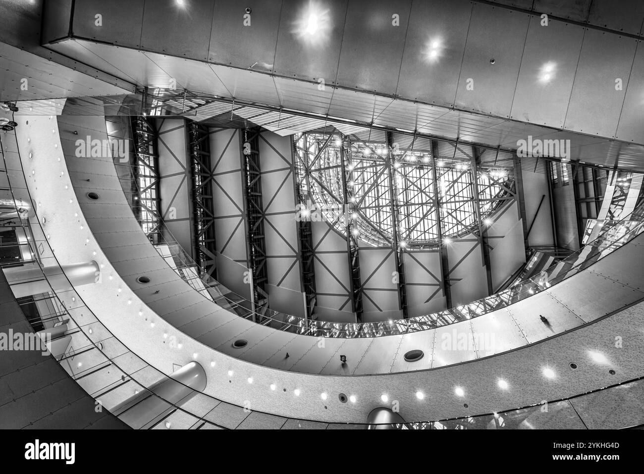 Stunning black and white vertical view inside the ACROS Fukuoka ...