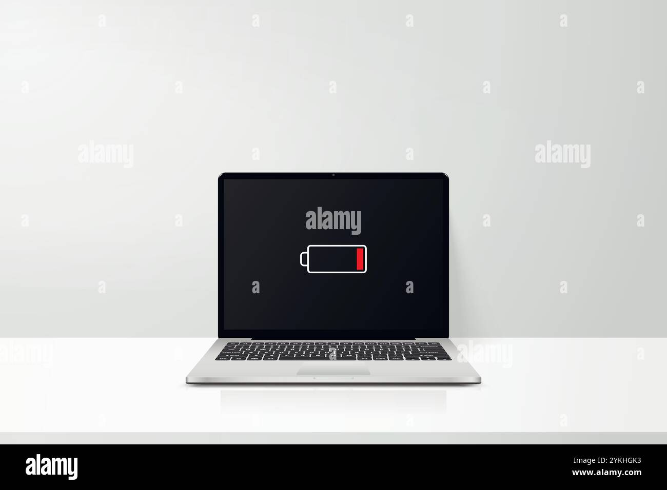 Laptop computer with low battery sign on screen, vector illustration ...