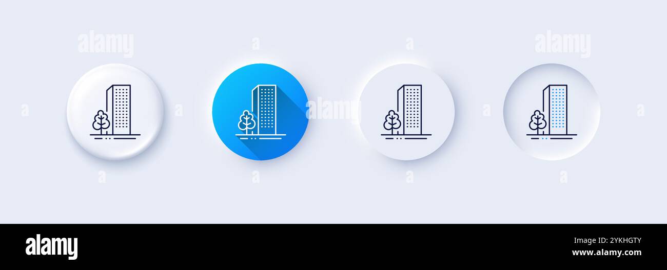 Buildings line icon. City architecture with tree sign. Skyscraper ...
