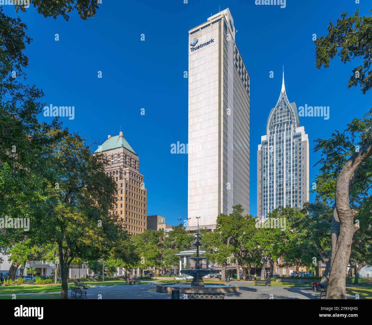 The city skyline from Bienville Square, a park in downtown Mobile ...