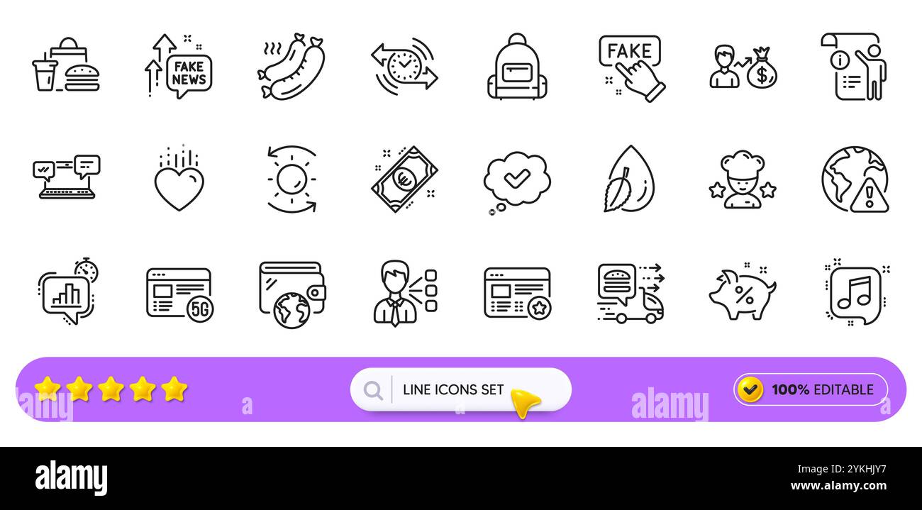 Heart, Food delivery and Internet warning line icons for web app ...