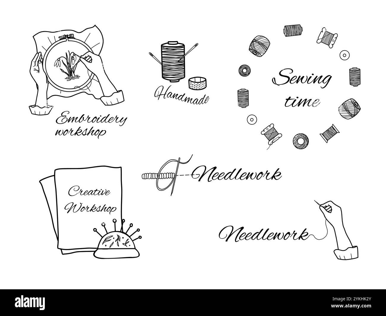 Set of Embroidery, Sewing and Creative Workshop Classes Logos. Spool of ...