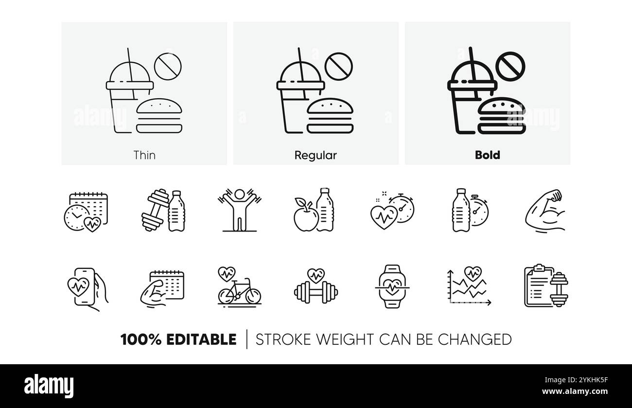 Fitness time line icons. Strong Muscle Arm, Bike Workout, Gym fit ...