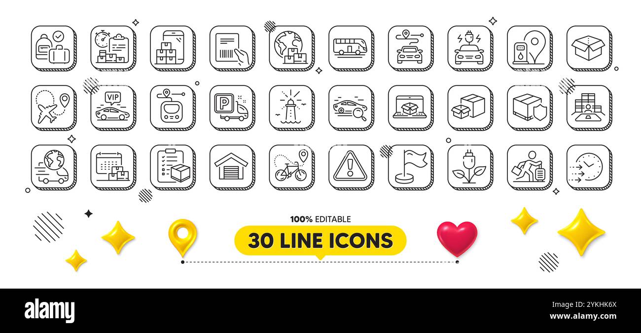 Car charging, Journey and Delivery service line icons pack. For web app ...
