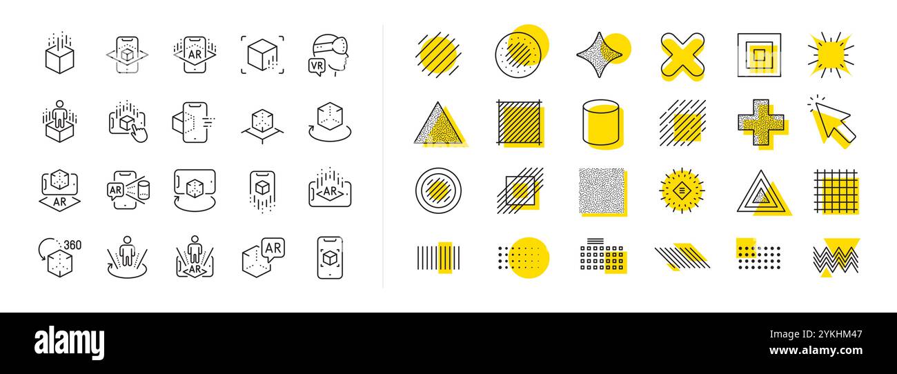 Augmented reality line icons. VR simulation, Panorama view, 360 degree. Design elements. Vector ...
