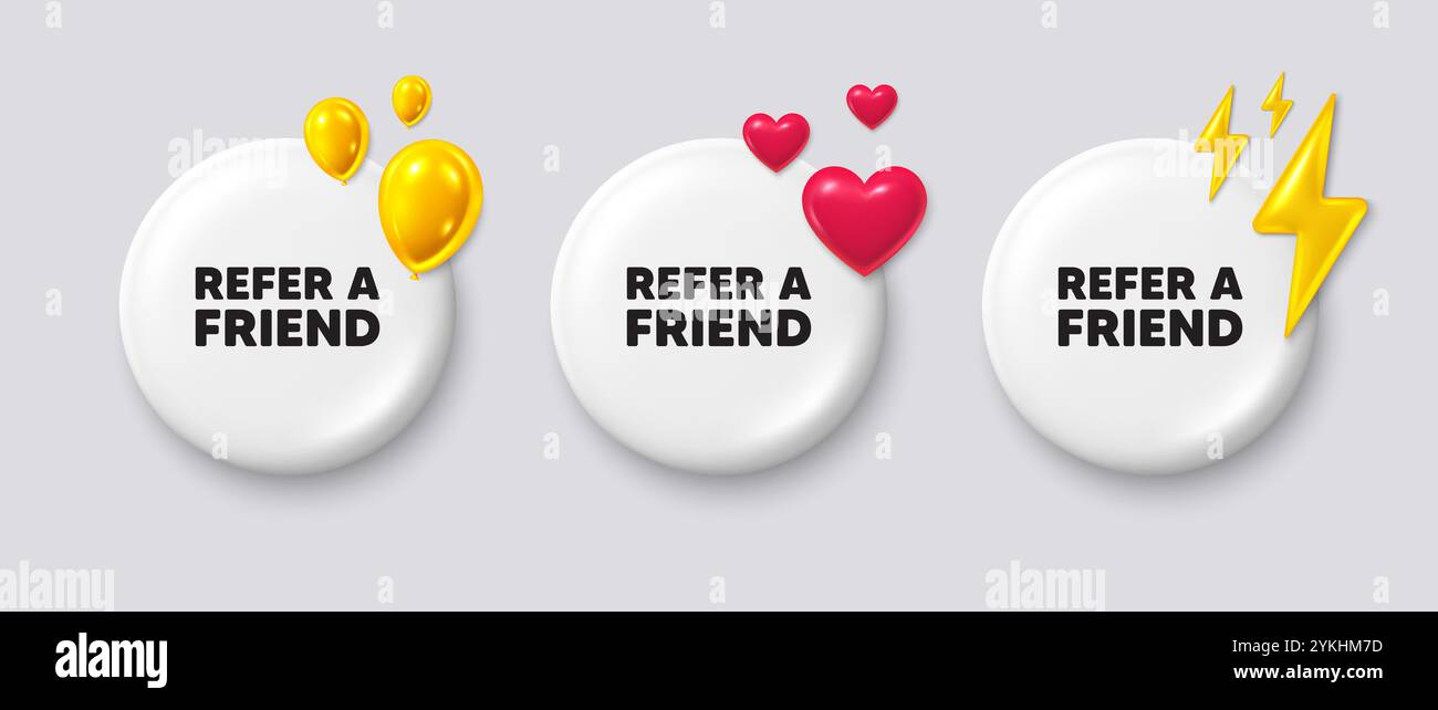 Refer a friend symbol. Referral program sign. White buttons with 3d ...