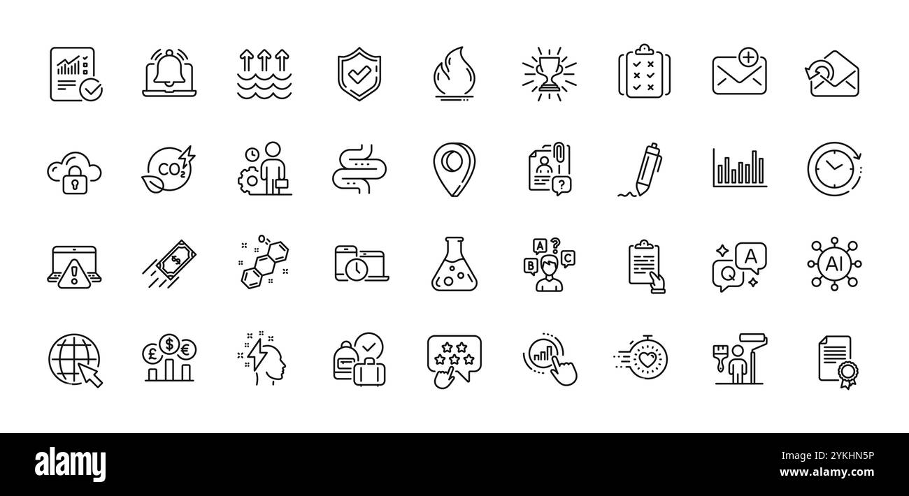 New mail, Chemistry lab and Chemical formula line icons pack. AI, Question and Answer, Map pin ...