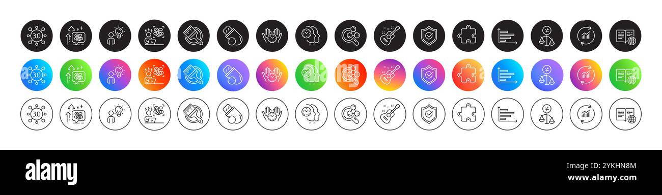 Time management, Puzzle and Web3 line icons. Round icon gradient buttons. Pack of Chemistry lab ...
