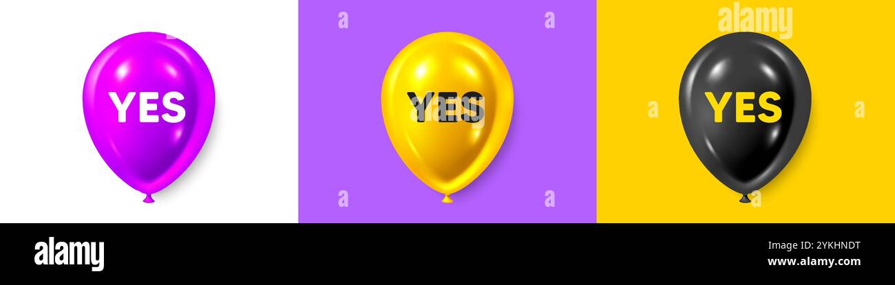 Birthday balloons 3d icons. Yes text tag. Approved ok message. Done or ...