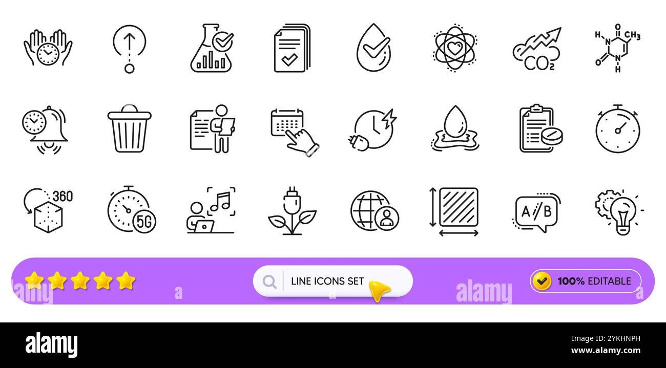 Safe time, Chemical formula and Idea gear line icons for web app. Pack ...