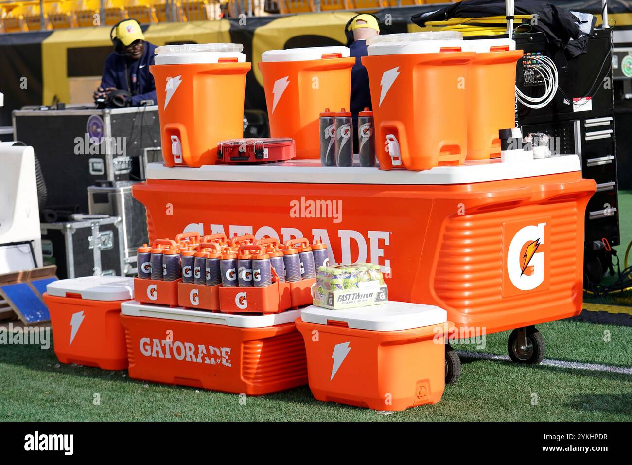 A Gatorade cooler setup stands on the sideline before an NFL football ...