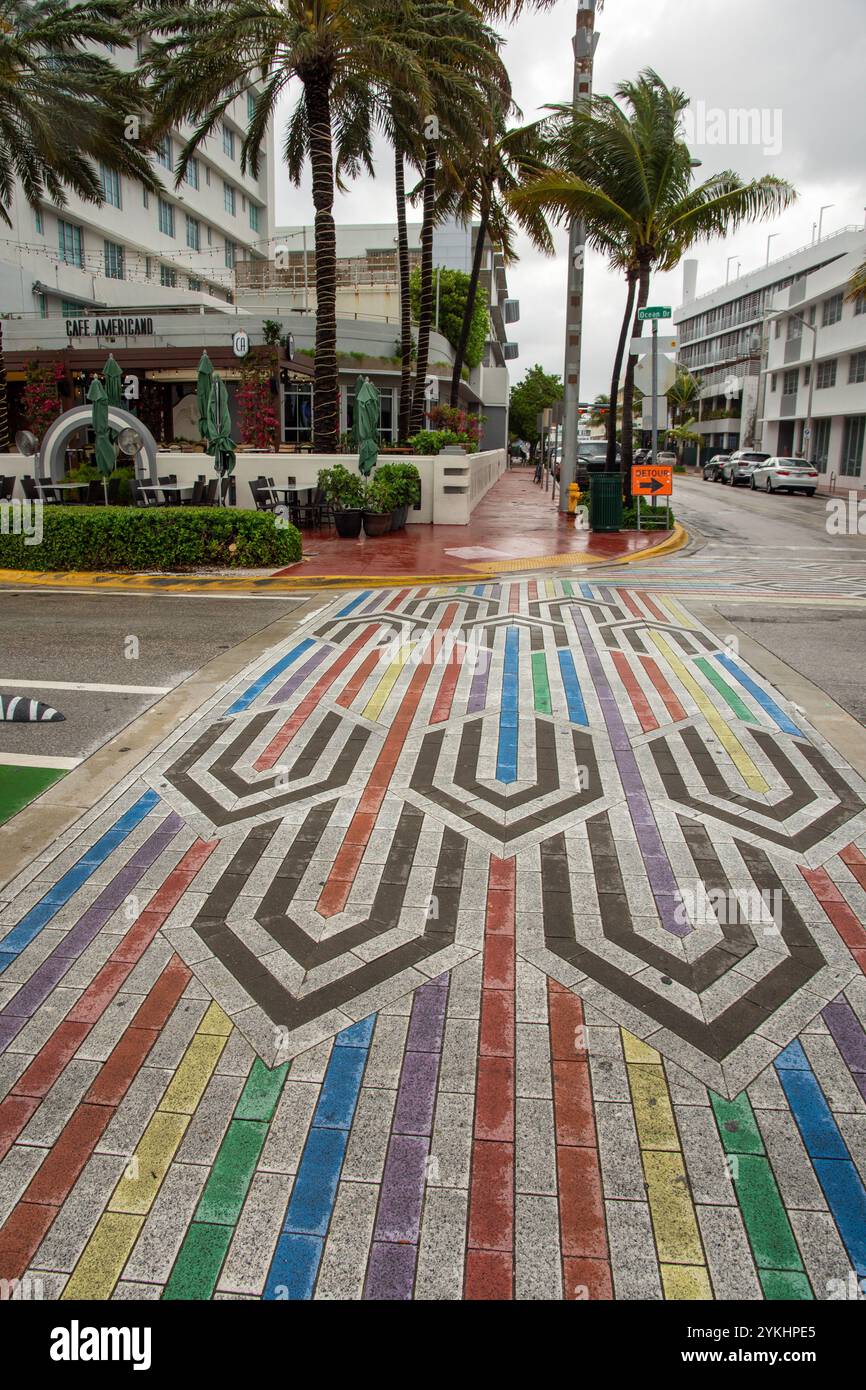 Colorful pedestrian crossing on Ocean Drive in Miami, Florida US Stock ...