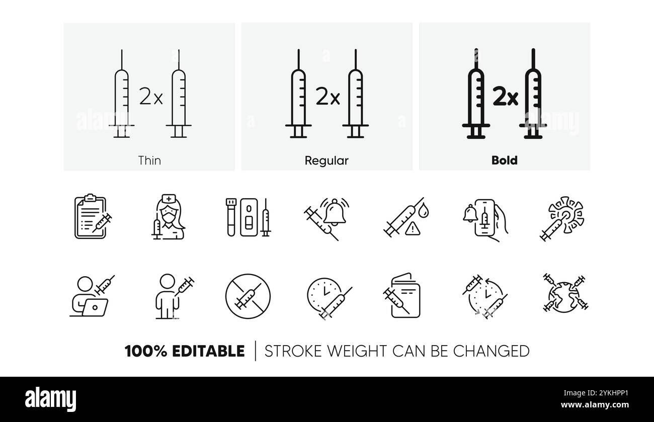 Vaccine line icons. Corona jab, Medical Syringe, Vaccination passport ...