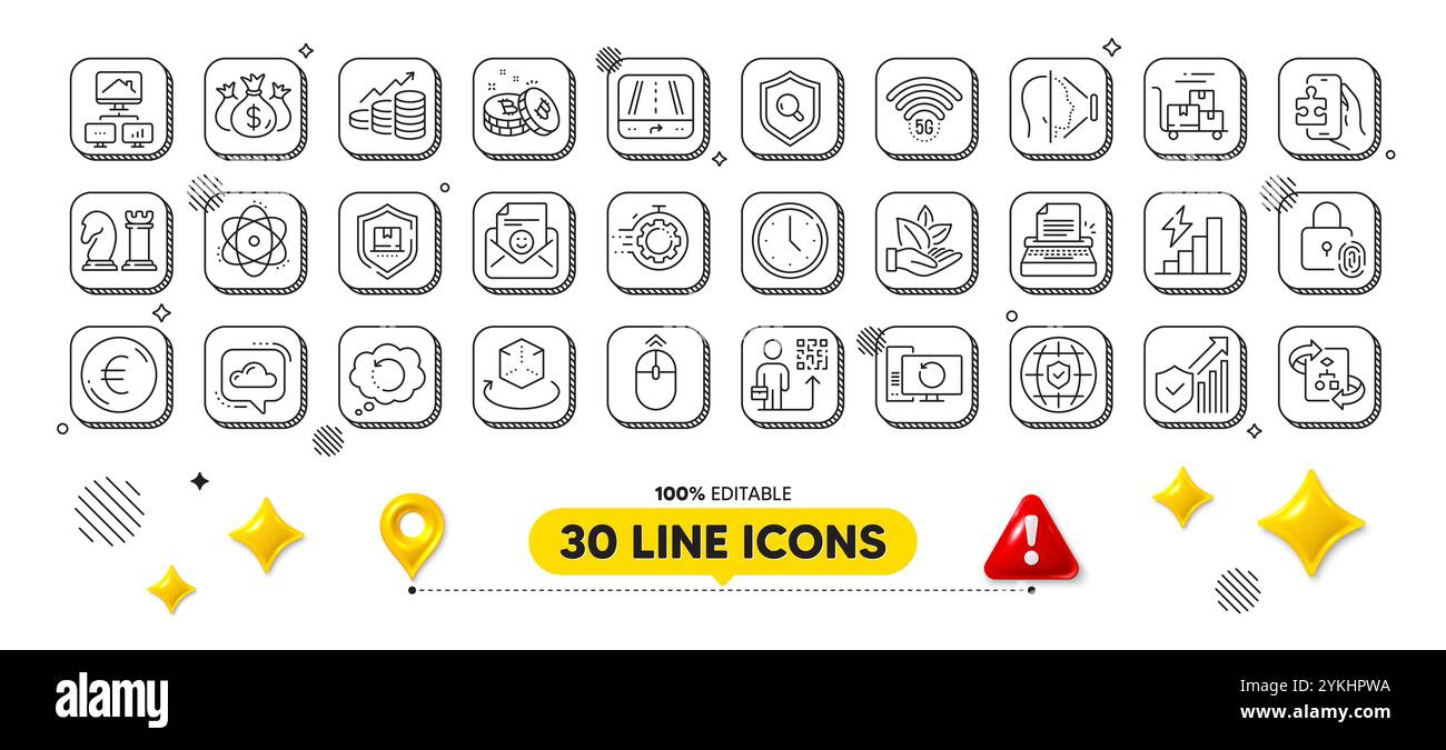Check investment, Technical algorithm and Global insurance line icons pack. For web app. 3d ...