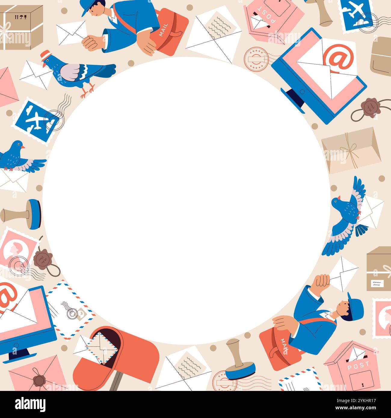 post service. circle shape background with postal envelope email items ...