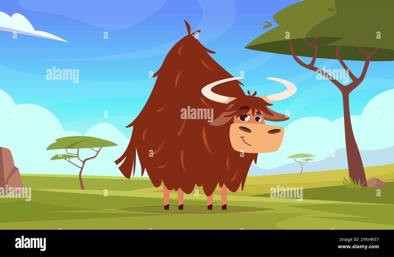 yak. wild animal in cartoon style standing on green meadow Stock Vector ...