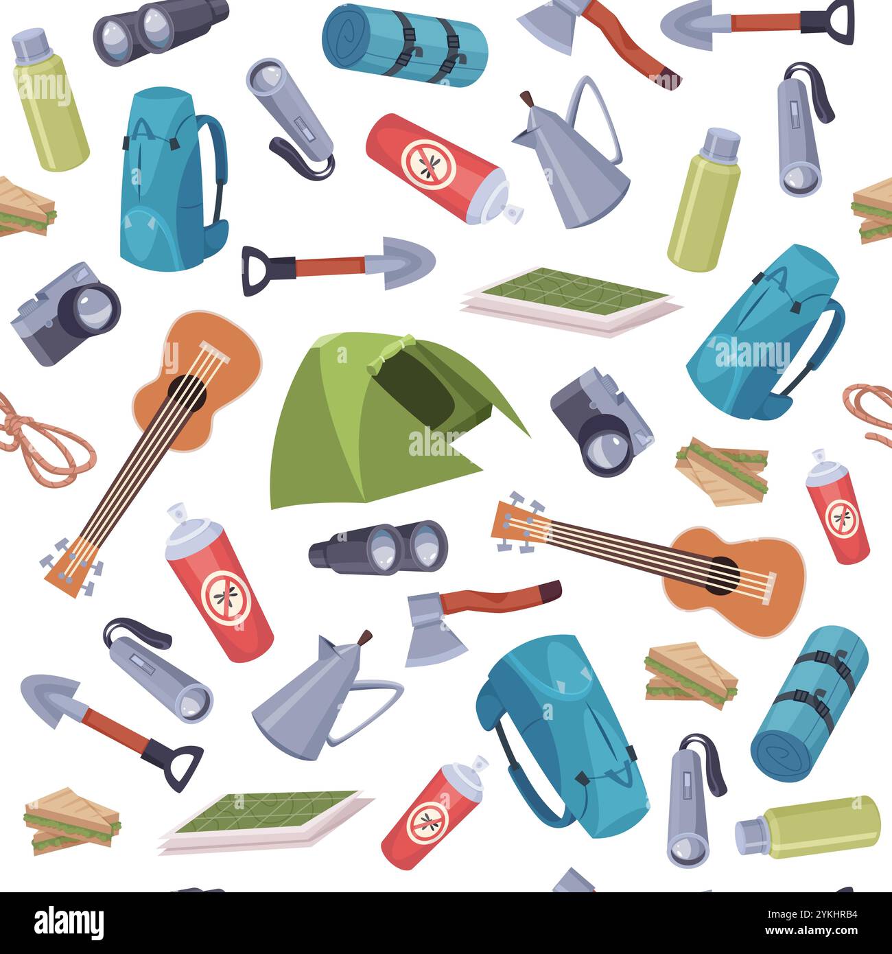 exploring pattern. tourism specific items tent guitar binoculars axes ...