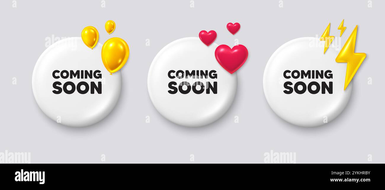 Coming soon tag. Promotion banner sign. White buttons with 3d icons ...