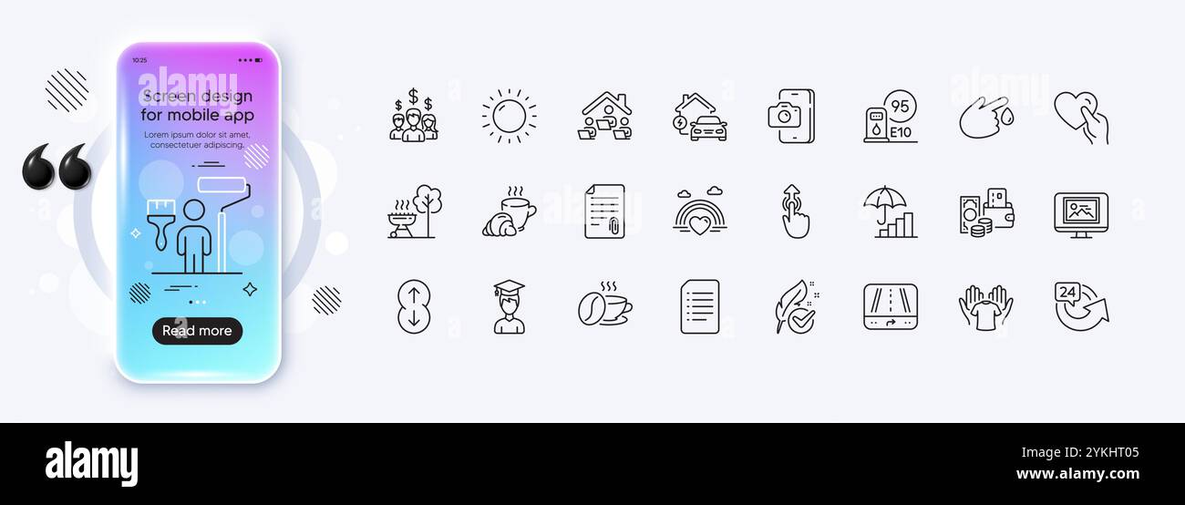 Coffee cup, Sunny weather and Photo thumbnail line icons for web app. Pictogram icon Vector ...
