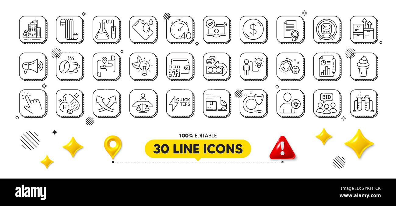 Chemistry lab, Business idea and Qr code line icons pack. 3d design ...