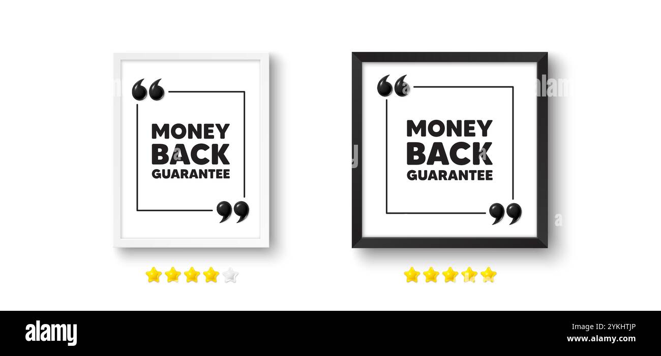 Picture frame with 3d quotation icon. Money back guarantee tag. Promo ...