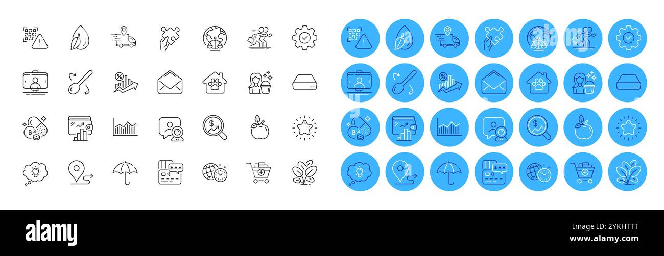 Water drop, Currency audit and Video conference line icons pack. For ...