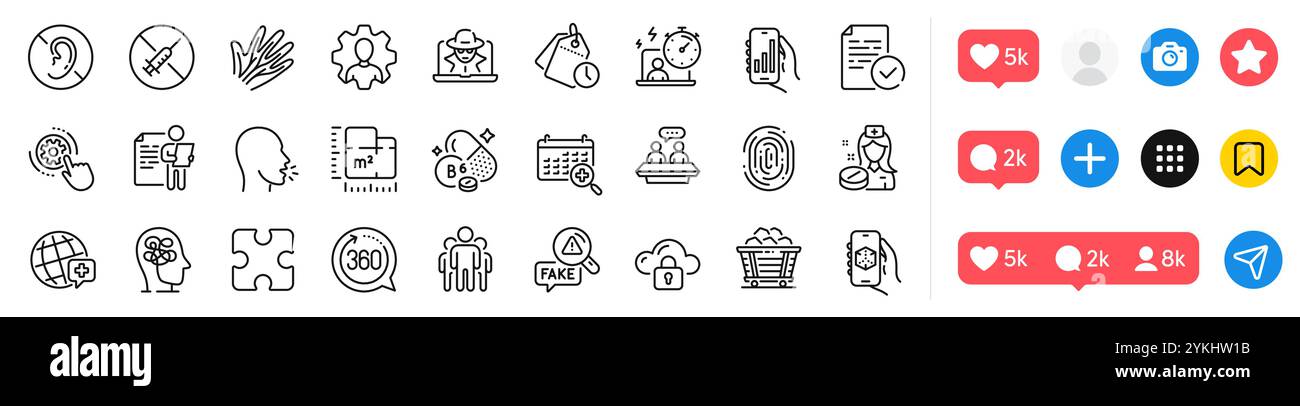 No hearing, Vitamin b6 and 360 degrees line icons pack. Social media ...